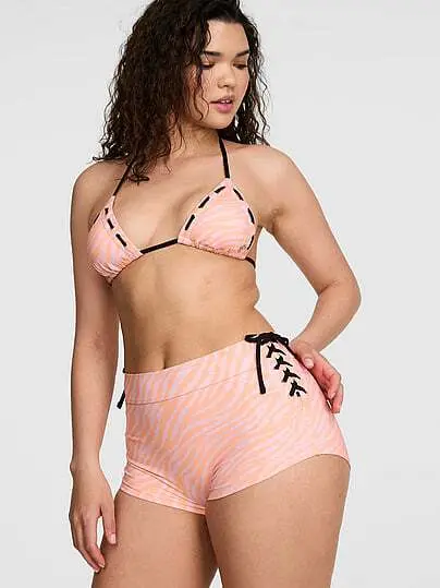 Pink Lace-up Boyshort Bikini Bottom - Print