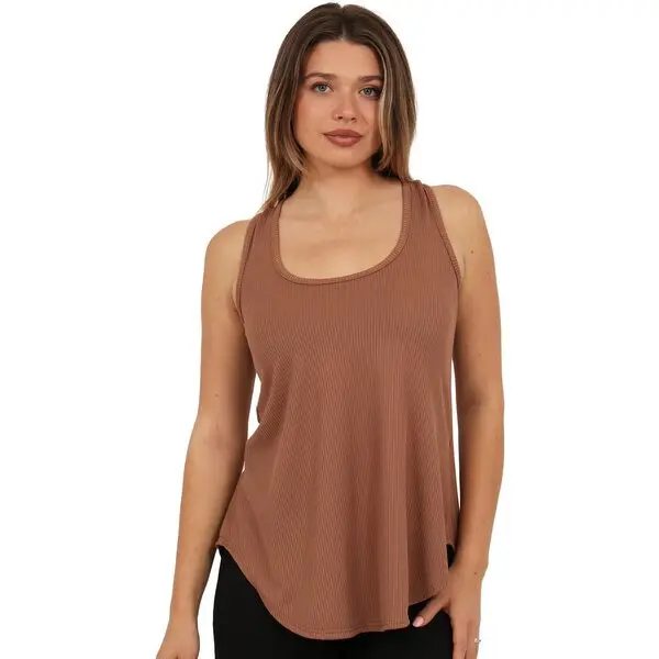 24SEVEN COMFORT APPAREL Ribbed Knit Sleeveless Scoop Neck Flared Tank Top - Mocha