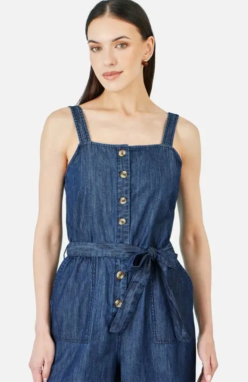 YUMI Chambray Button-through Wide-leg Jumpsuit
