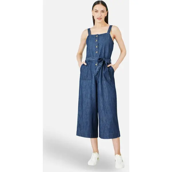 YUMI Chambray Button Through Jumpsuit - Blue