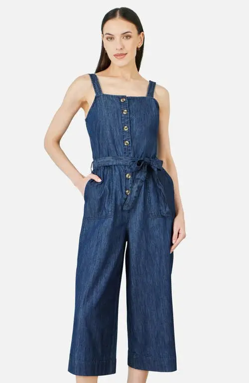 YUMI Chambray Button-through Wide-leg Jumpsuit - Blue