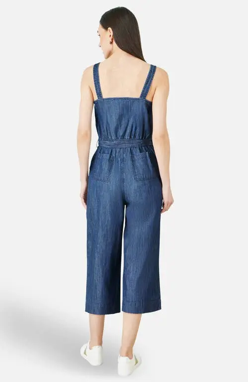 YUMI Chambray Button-through Wide-leg Jumpsuit - Blue