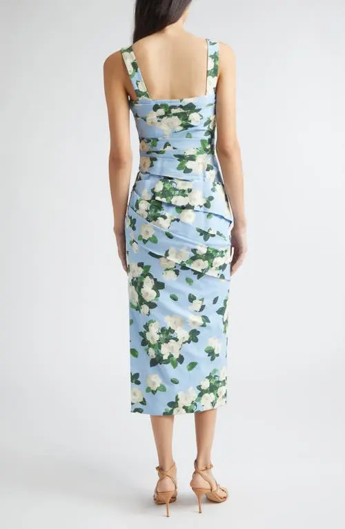 Carolina Herrera Rose Print Pleated Faille Midi Dress