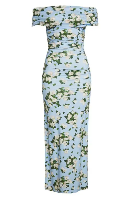 Carolina Herrera Off-The-Shoulder Floral Print Jersey Maxi Dress - Cloudy  Blue Multi | Editorialist