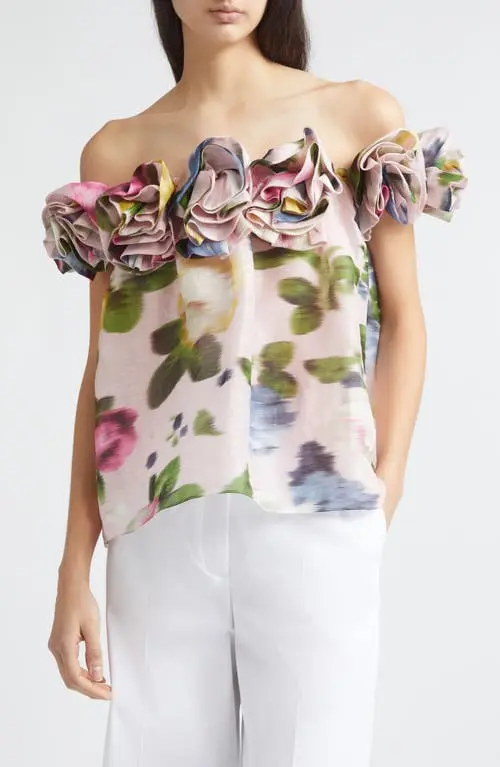Carolina Herrera Chiné Rose Print Linen & Silk Off-the-shoulder Top - Rosewater Multi