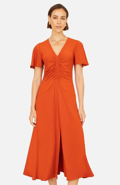 YUMI Ruched Front Stretch Midi Dress - Orange