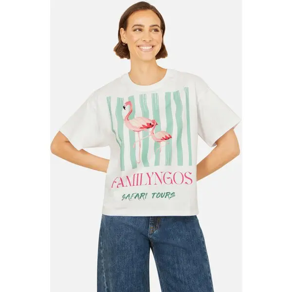 YUMI Retro Flamingo Graphic Cotton T-shirt - White