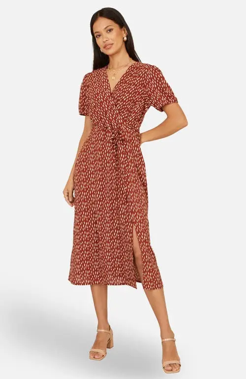 YUMI Spot Wrap Midi Dress - Brown