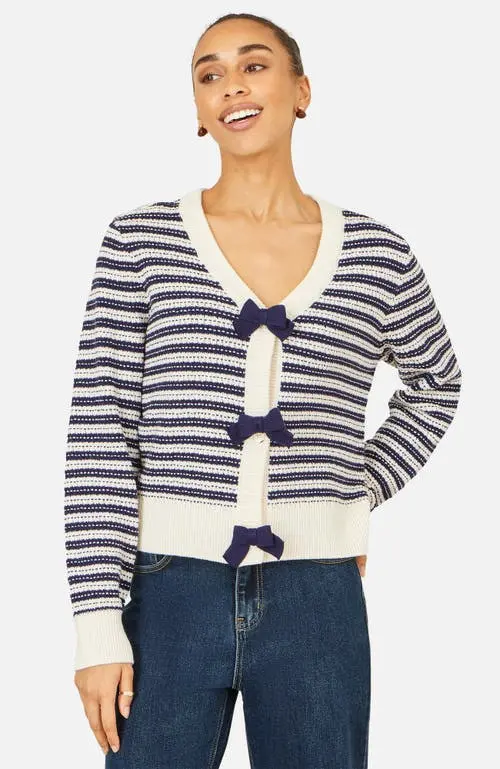YUMI Stripe Bow Detail V-neck Cardigan - Navy