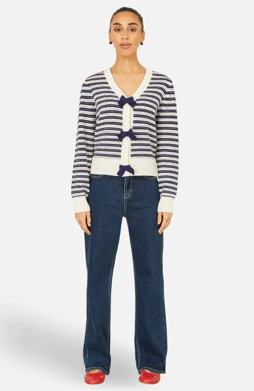 YUMI Stripe Bow Detail V-neck Cardigan