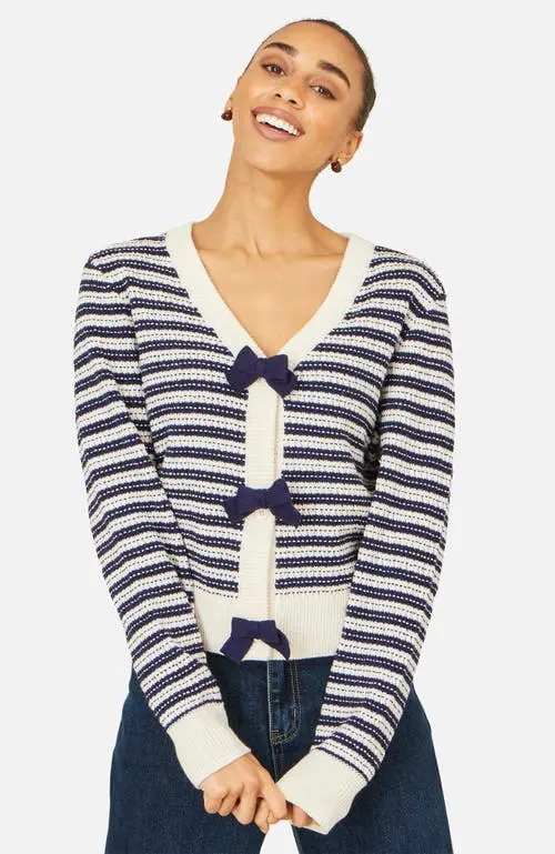 YUMI Stripe Bow Detail V-neck Cardigan
