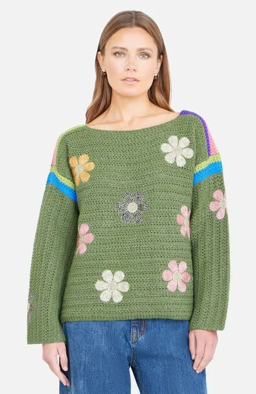 YUMI Crochet Flower Jumper - Green