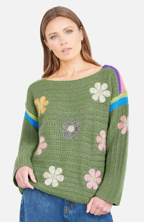 YUMI Crochet Flower Jumper - Green