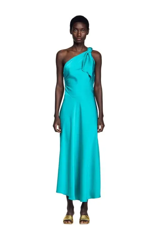 Sandro Satin-effect Maxi Dress With Asymmetrical Cut And Bow Detail