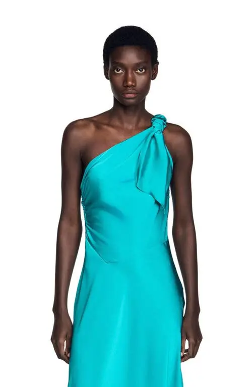 Sandro Satin-effect Maxi Dress With Asymmetrical Cut And Bow Detail