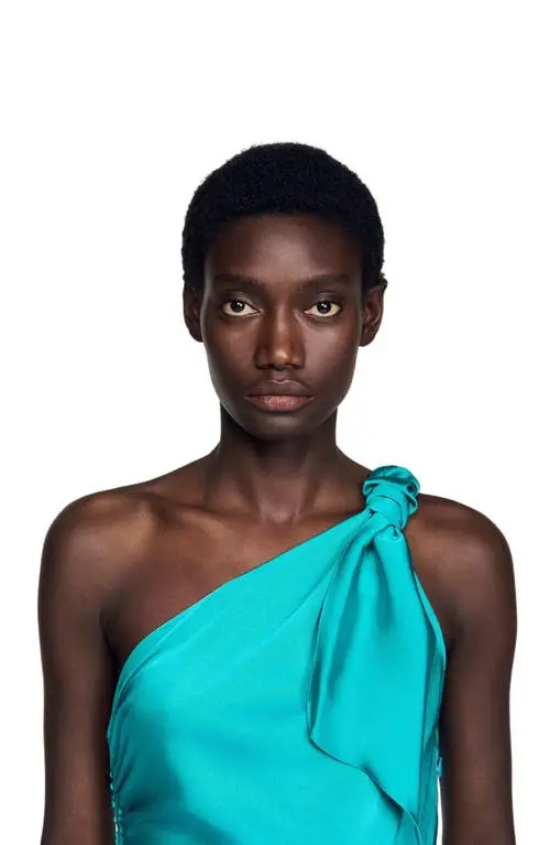 Sandro Satin-effect Maxi Dress With Asymmetrical Cut And Bow Detail