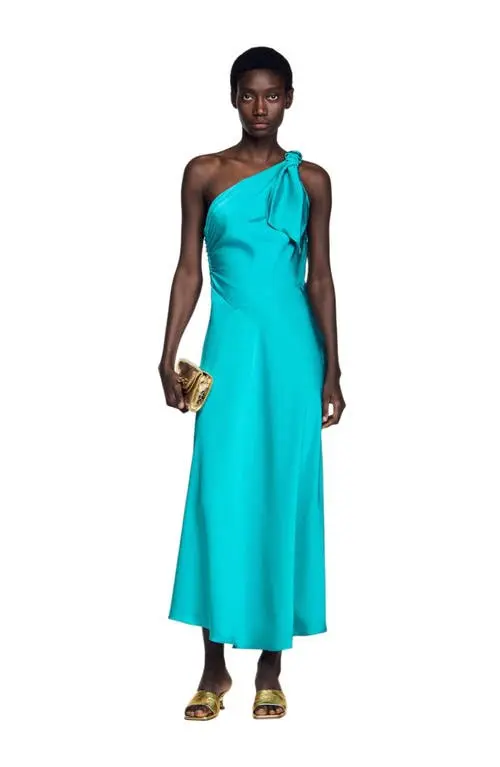 Sandro Satin-effect Maxi Dress With Asymmetrical Cut And Bow Detail