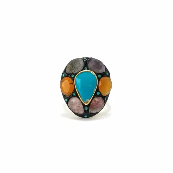 BY VIRGO Calindra Statement Ring With Natural Stones - Gray