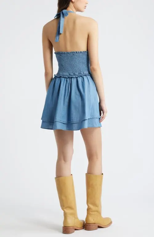 Bp. Tie Neck Tiered Halter Denim Mini Dress