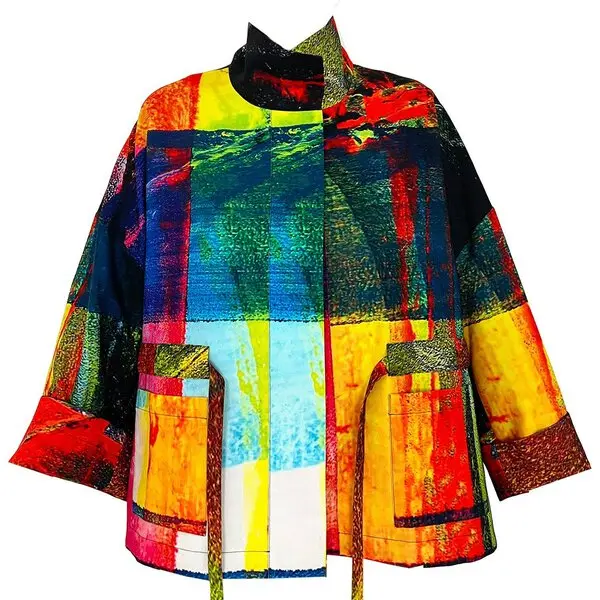MAXJENNY Printed Boxy Jacket With Stand Collar And Belt Detail - Yellow