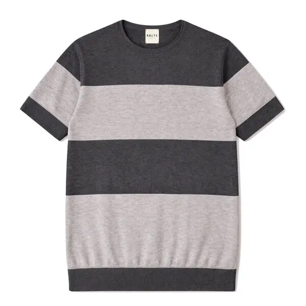 SALTS CASHMERE Short Sleeved Knitted Striped Tee Charcoal & Silver