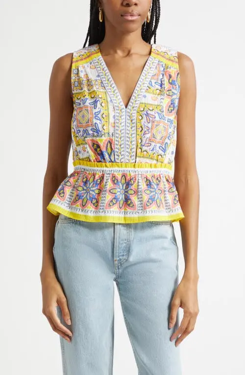Ramy Brook Lyra Tile Print V-neck Cotton Peplum Top