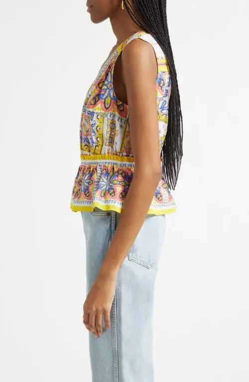 Ramy Brook Lyra Tile Print V-neck Cotton Peplum Top