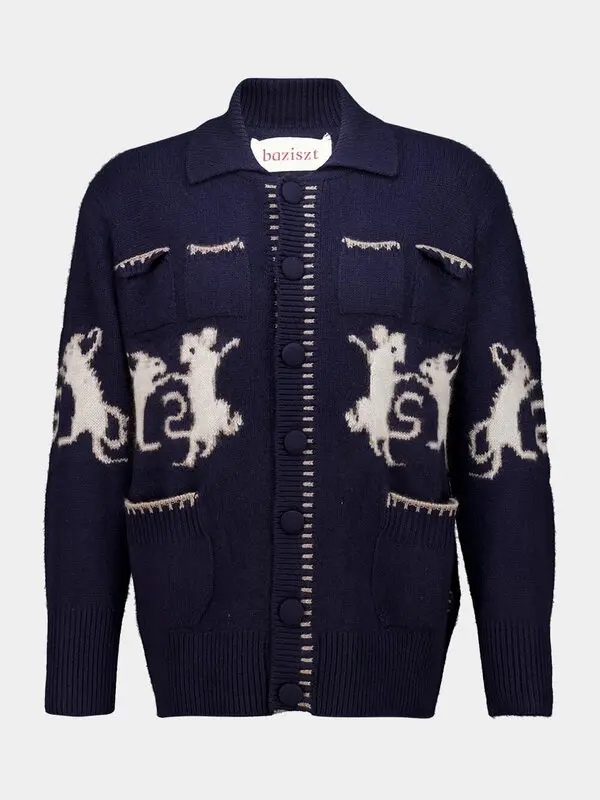 BAZISZT Navy Cashmere Dancing Mice Cardigan