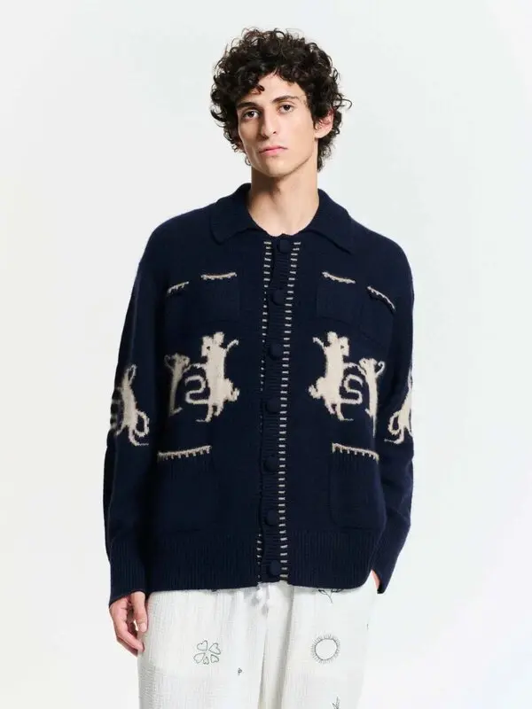 BAZISZT Navy Cashmere Dancing Mice Cardigan