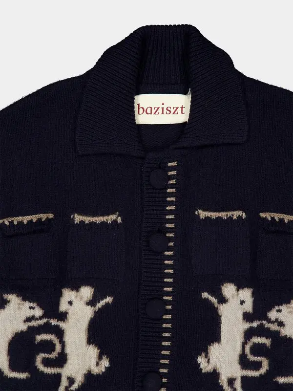 BAZISZT Navy Cashmere Dancing Mice Cardigan