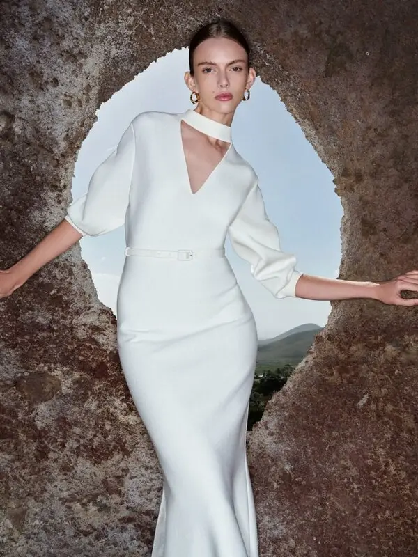 Roland Mouret Belted Blouson Knit Midi Dress - Cream