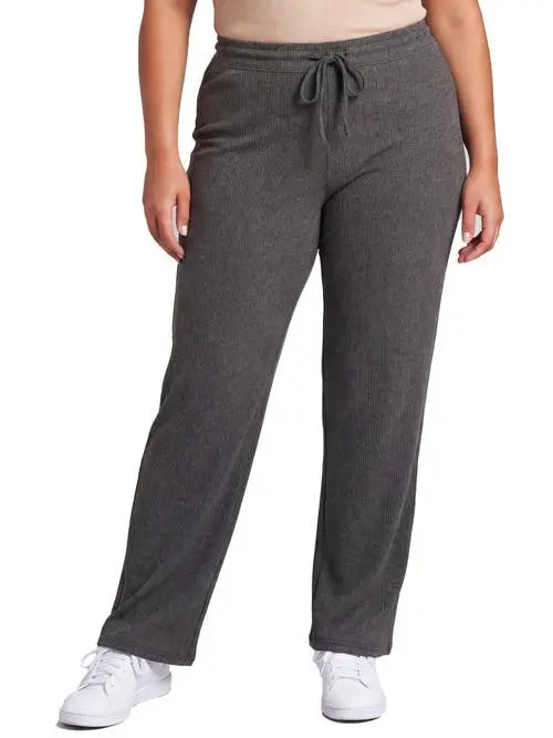 24SEVEN COMFORT APPAREL Ribbed Knit Drawstring Lounge Pants - Smoke