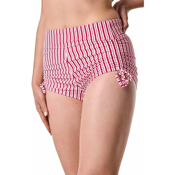 Coolibar Bayshore Ruched Swim Shorts - Cherry Stripe