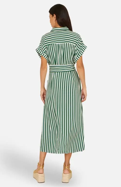 YUMI Stripe Print Belted Midi Shirt Dress