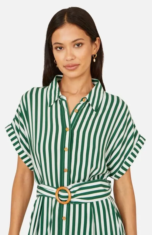 YUMI Stripe Print Belted Midi Shirt Dress