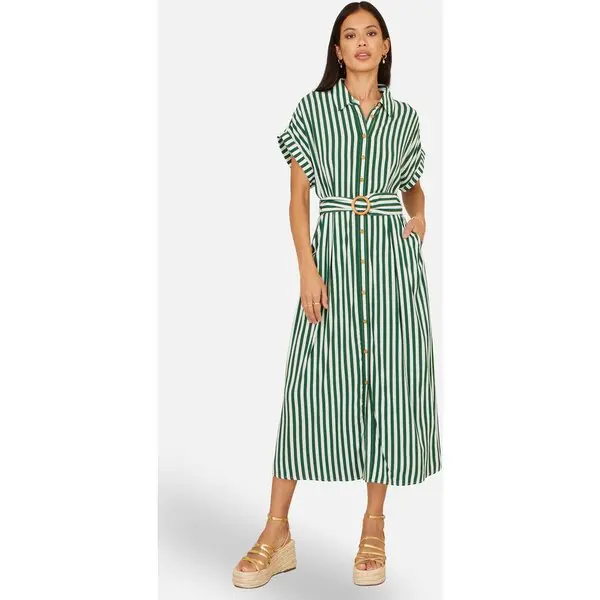 YUMI Stripe Print Belted Midi Shirt Dress - Green