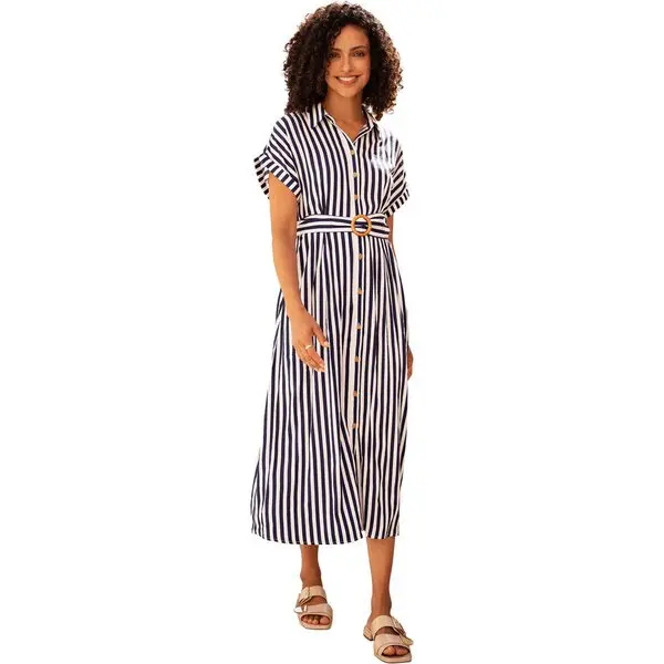 YUMI Stripe Print Belted Midi Shirt Dress - Navy