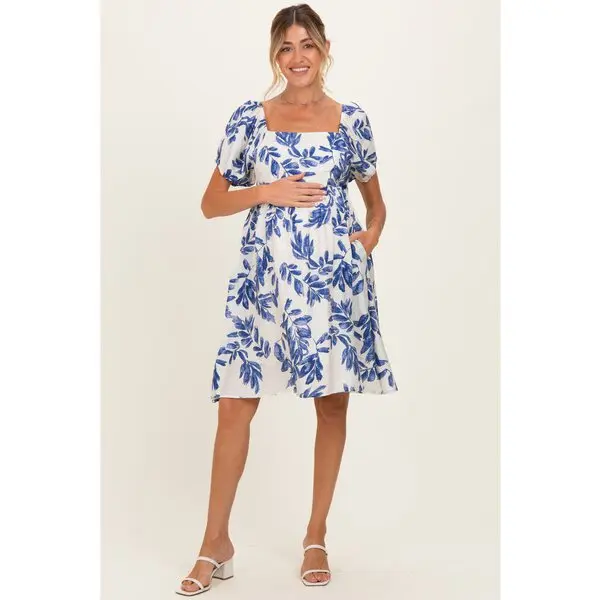 PINKBLUSH Floral Puff Sleeve Square Neck Dress - Blue