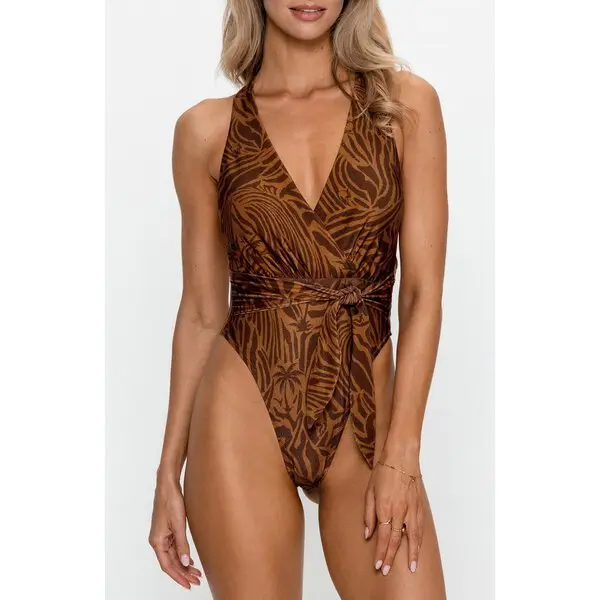 PS BY CUPSHE Cross Back Wrap Waist High Cut One-piece Swimsuit - Brown