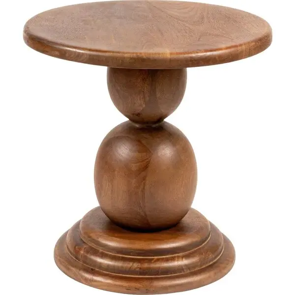 STORIED HOME Round Mango Wood Bulbed Pedestal End Table - Brown