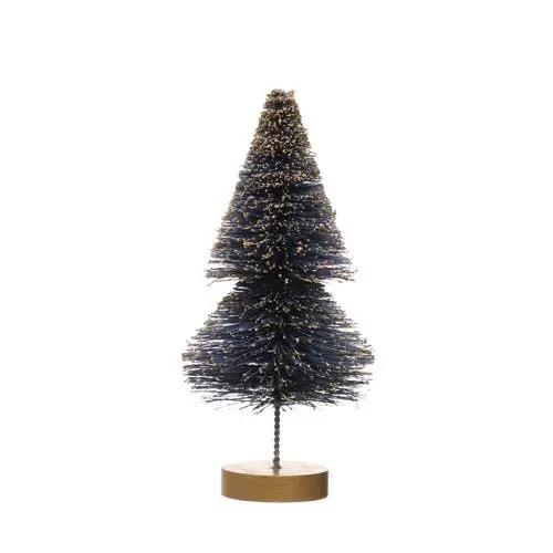 STORIED HOME Tall Sisal Bottle Brush Tree With Gold Glitter And Wood Base - Blue