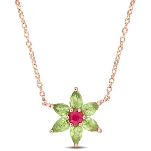 JULIANNA B. Green Sapphire And Flower Necklace In Rose-plated Sterling Silver - Ruby