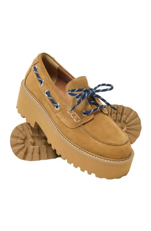 Maje Suede Platform Lug Sole Boat Shoes - Caramel