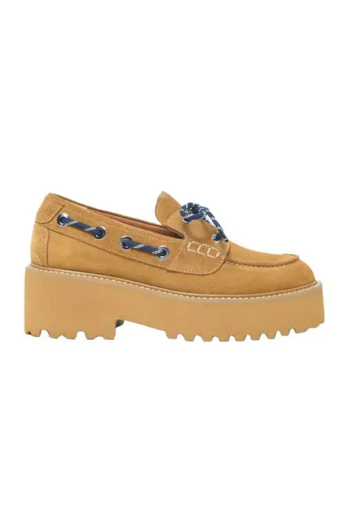 Maje Suede Platform Lug Sole Boat Shoes - Caramel