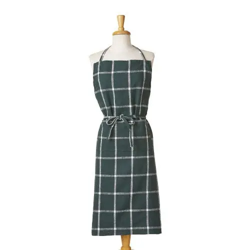TAG Classic Check Slub Bib Apron Large Pocket Waist Tie Dark - Green