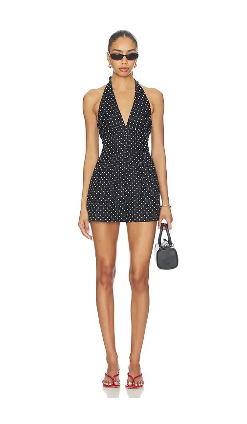 Faithfull The Brand Sofia Polka Dot Halterneck Playsuit - Lola Polka Dot Black & Cream