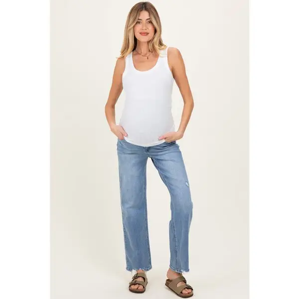 PINKBLUSH Maternity Distressed Frayed Hem Wide Leg Jeans