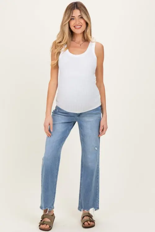 PINKBLUSH Maternity Distressed Frayed Hem Wide Leg Jeans