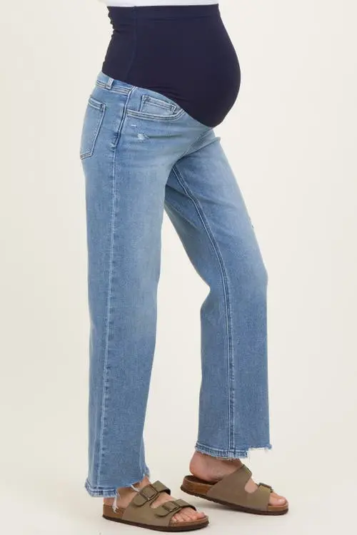PINKBLUSH Maternity Distressed Frayed Hem Wide Leg Jeans