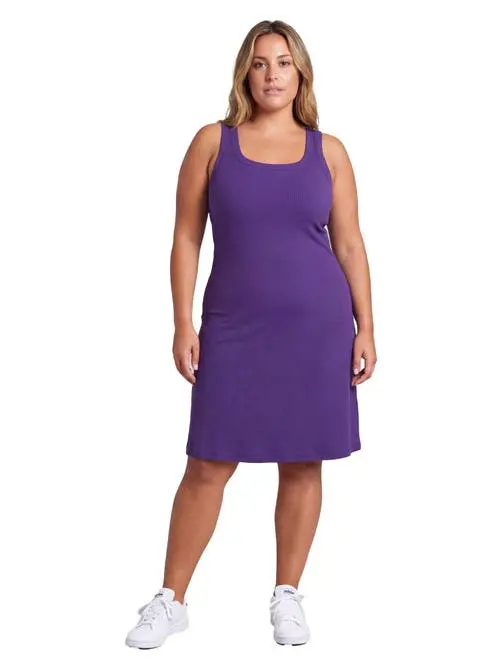 24SEVEN COMFORT APPAREL Ribbed Knit Sleeveless Scoop Neck Pocket A-line Midi Dress - Purple